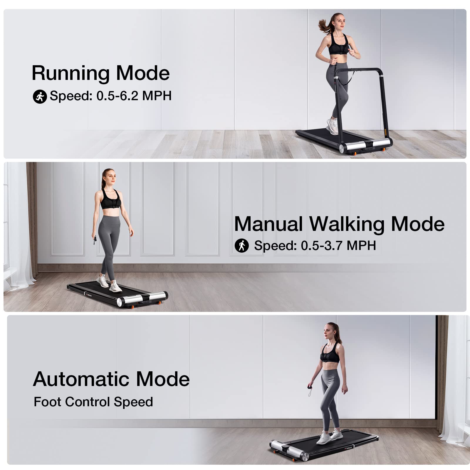 Foldable Treadmill for Home Use, Geemax 2 in 1 Electric Under Desk Treadmill for Small Spaces, Manual Automatic Modes Walking Running Pad 100% Assembled with Large Running Area Upright Storage 6.2MPH