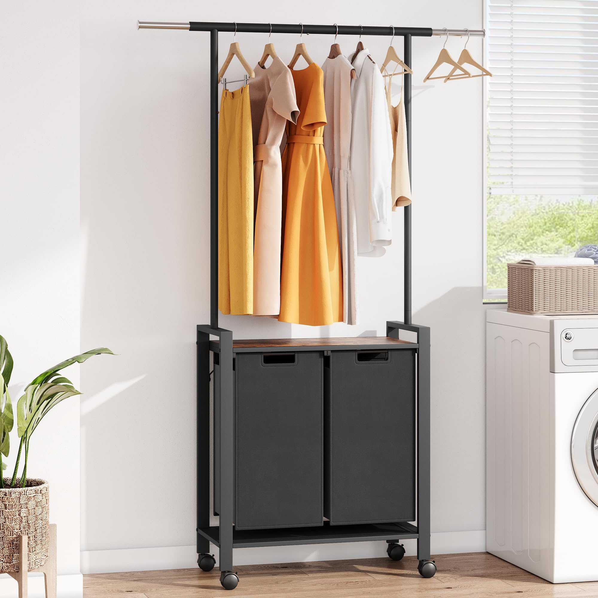 Laundry Hamper Cart with Hanging Bar, 2 x 13 Gal Laundry Sorter, 2 Removable Bags Laundry Baskets with Wood Top Table & Wheels, Laundry Sorter for Laundry Room Organization