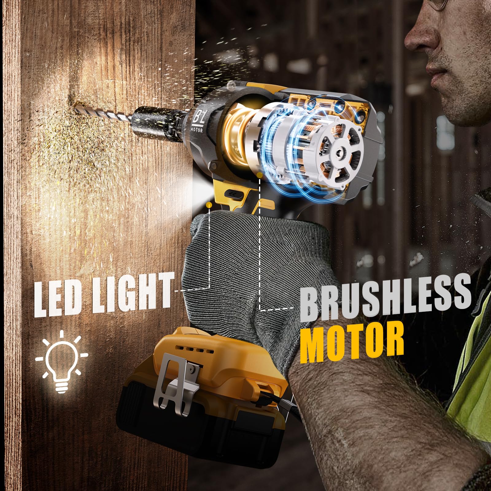 Impact Wrench for De-Walt 20V MAX Battery: 1/2 Inch Hog Ring Impact Driver High Torque - 600 Ft-lbs Cordless Impact Gun - Brushless Motor with LED Light And Blet Clip - Tool Only