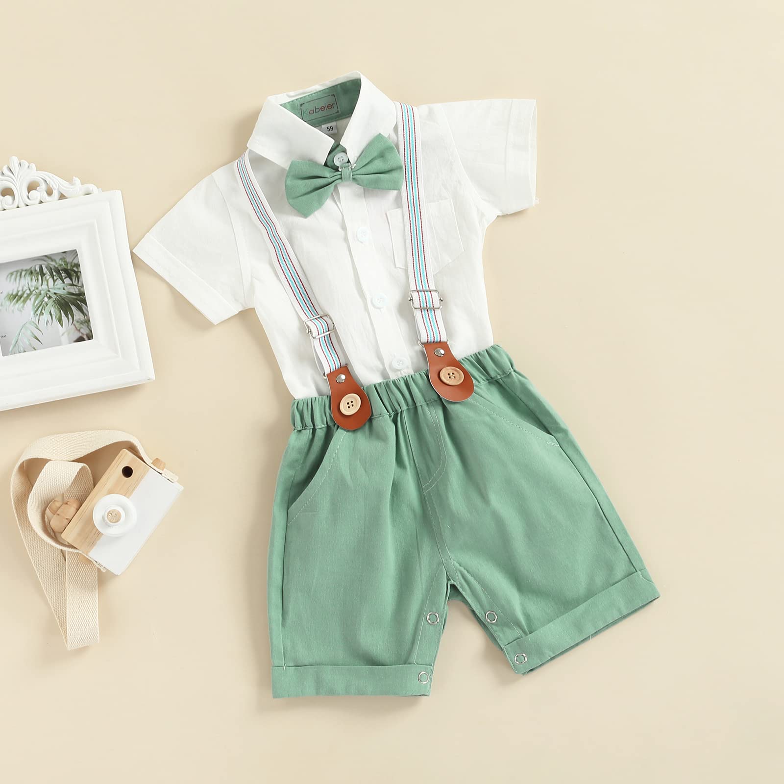 Qiylii Infant Baby Boys Short Sleeve Bowtie Buttons Bodysuit Shirts Suspender Shorts Casual Summer Clothes (Green, 3-6 Months)