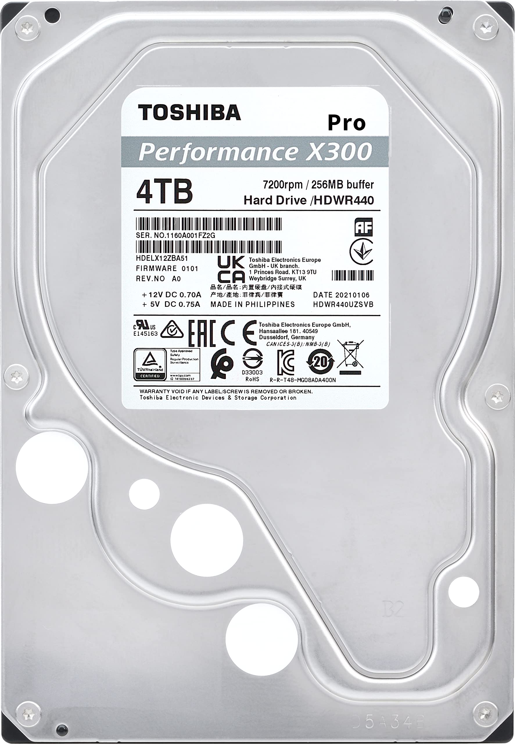 Toshiba X300 PRO 4TB High Workload Performance for Creative Professionals 3.5-Inch Internal Hard Drive – Up to 300 TB/Year Workload Rate CMR SATA 6 GB/s 7200 RPM 256 MB Cache - HDWR440XZSTB