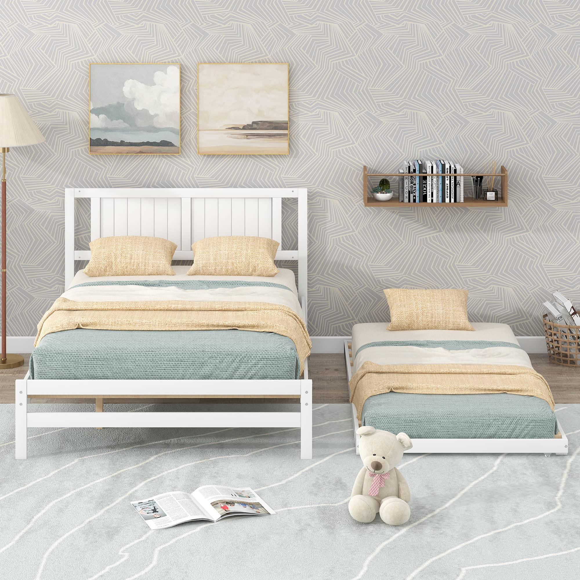 Jintop Full Size Metal Daybed with Twin-Size Trundle and Curved Handle Design,Durable Iron Sofa Bed Frame W/Slats Support,No Box Spring Needed,for Bedroom,Apartment,Guest Room,White