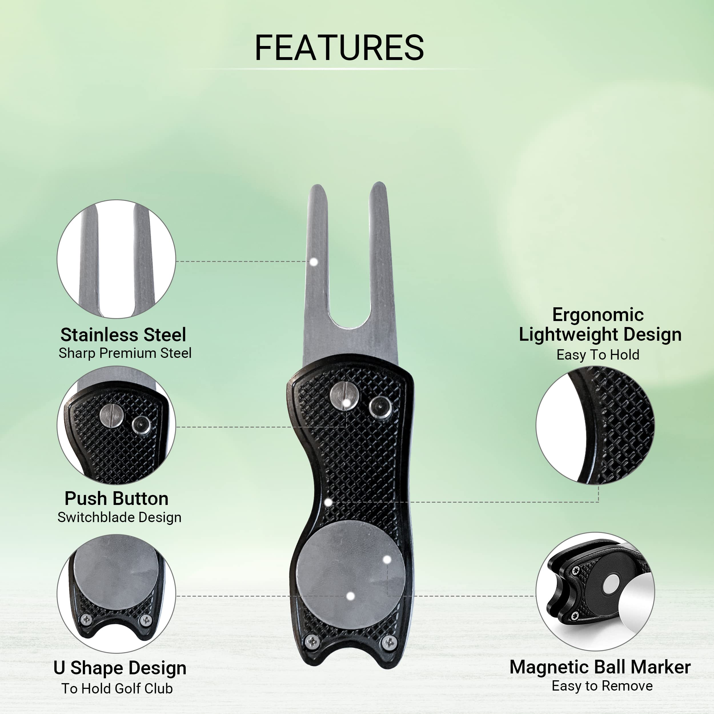 Golf Greens Repair Divot Tool Pitchfork 2 Prong Golf Ball Marker w/Switchblade Carabiner Clip Greens in Regulation Heavy Duty, Black