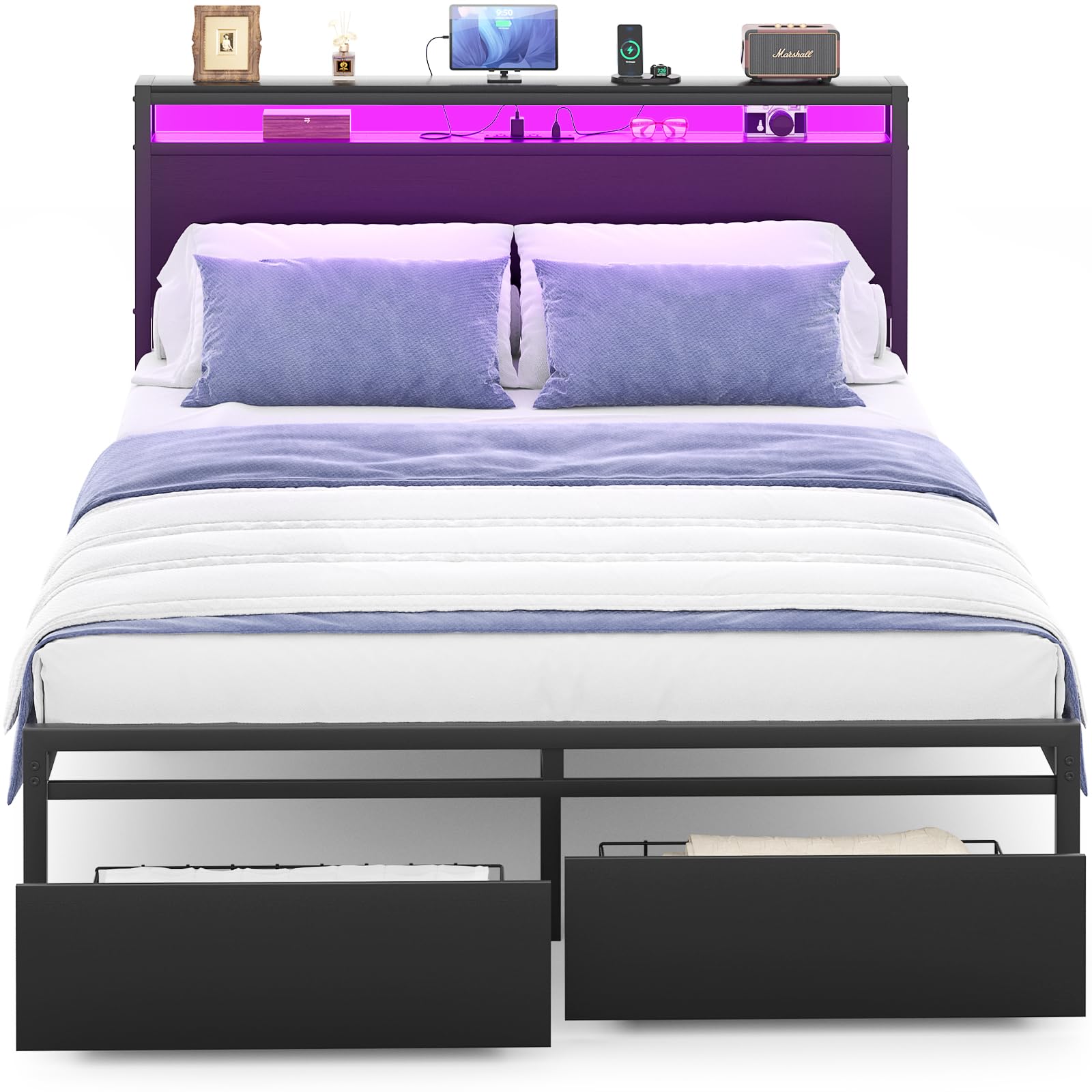 Homieasy King Size Bed Frame with Storage Drawers, Industrial Metal Platform Bed with Charged Headboard and LED Lights, No Box Spring Needed, Noise-Free, Easy Assembly, Black
