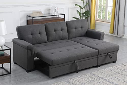 RITSU L-Shape Dark Gray Corner Couch with Storage Chaise, Linen Reversible Fabric Sleeper Sectional Sofa with Arms for Living Room, Apartment, Home Furniture, Dorm