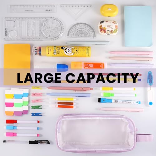 JIANTA Mesh Pencil Case, Large Clear Pen Pouch with Zipper and 2 Compartments, Makeup Cosmetics Bag Stationery Storage Bag for Home, Office, School, Purple