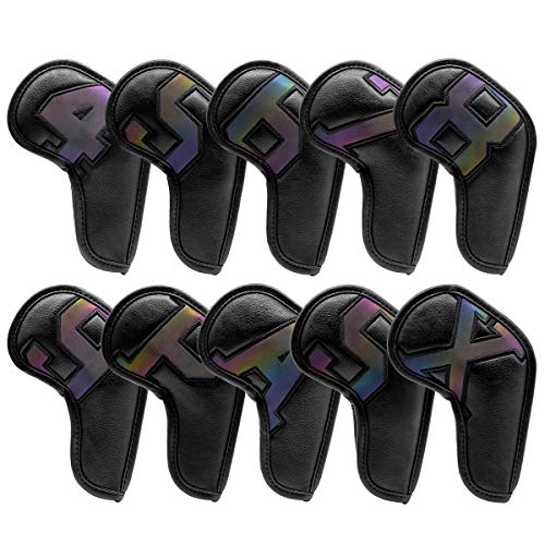Golf Iron Club Head Covers set Headcovers Fits for All iron wedges - Big Number - Long Neck - Black Pu Leather fits Small Standard Oversized Golf Clubs 10pcs/Pack