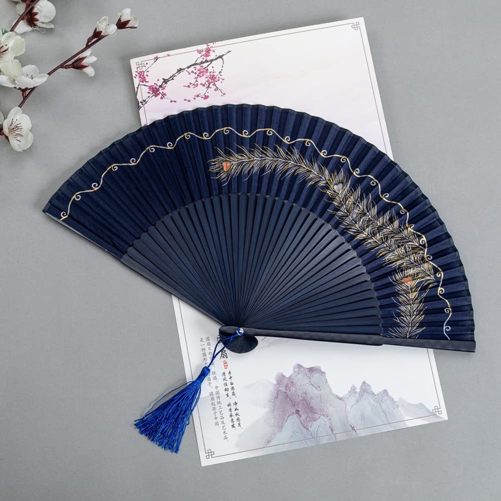 Folding Fan Chinese Wind 7 Inch Folding Fan Classical Retro Wind Peacock Feather Men and Women Cheongsam Portable Dance Fan (Color : LK0003A02)