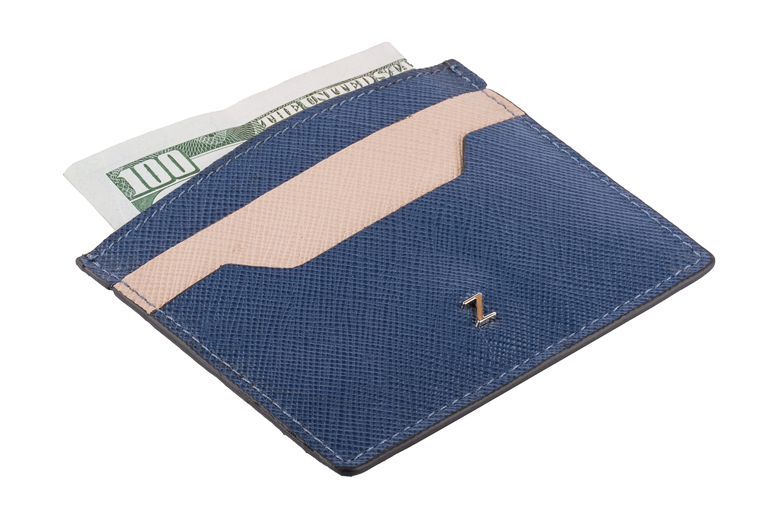 Zinda Genuine Leathers Card Holder Unisex Slim Wallet RFID Protection (Blue/Beige)