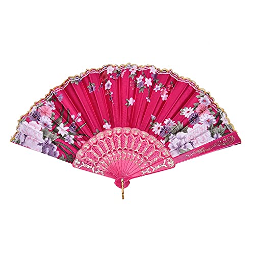 Folding Fan Dance Wedding Party Lace Silk Folding Hand Held Flower Pattern Fan Folding Fan Hand Fanc (Navy) (Rose)