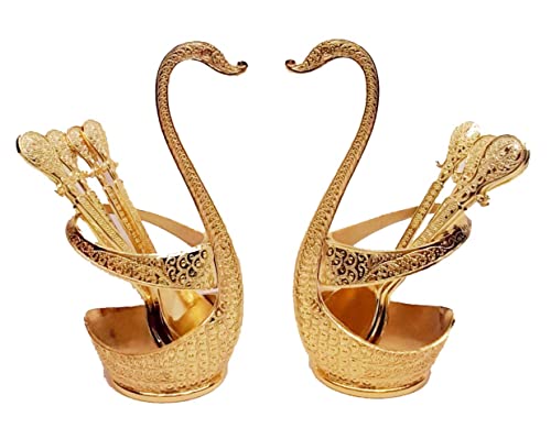 German Gold Plated 1 PC S Swan Duck With 6 Pcs Tea Spoon Set For Home And Kitchen Decorative Swan Base Holder Spoons for Coffee, Fruit,Dessert,Stirring, Mixing Sugar, By ORNATE INTERNATIONAL.