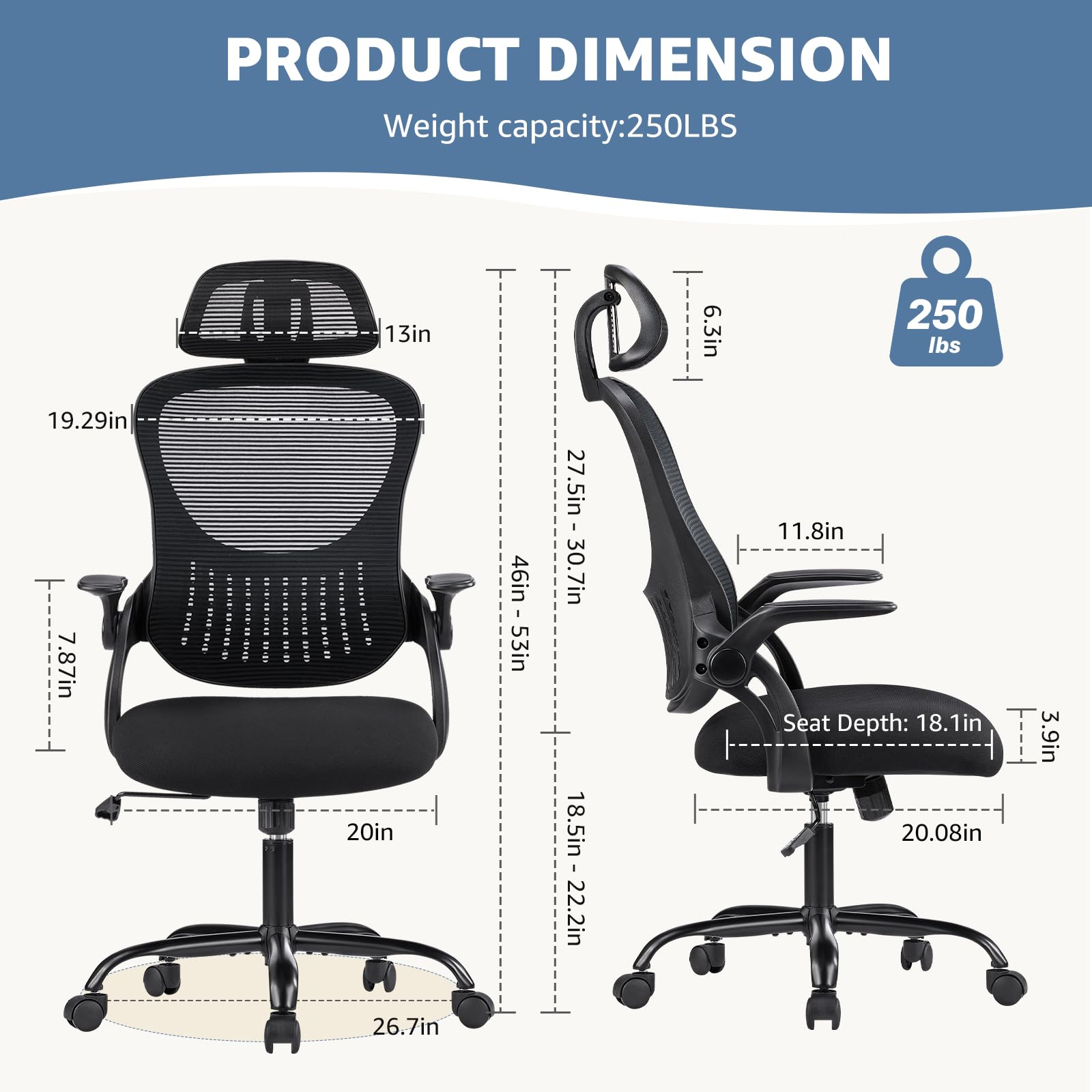 OLIXIS Ergonomic Office High-Back Mesh Computer Desk Wheels, Adjustable Headrest and Flip-Up Arms, Swivel Comfy Padded Rolling Task Chairs for Home Study Bedroom Gamer, Black, 26.69 x 25.39 x 52.95