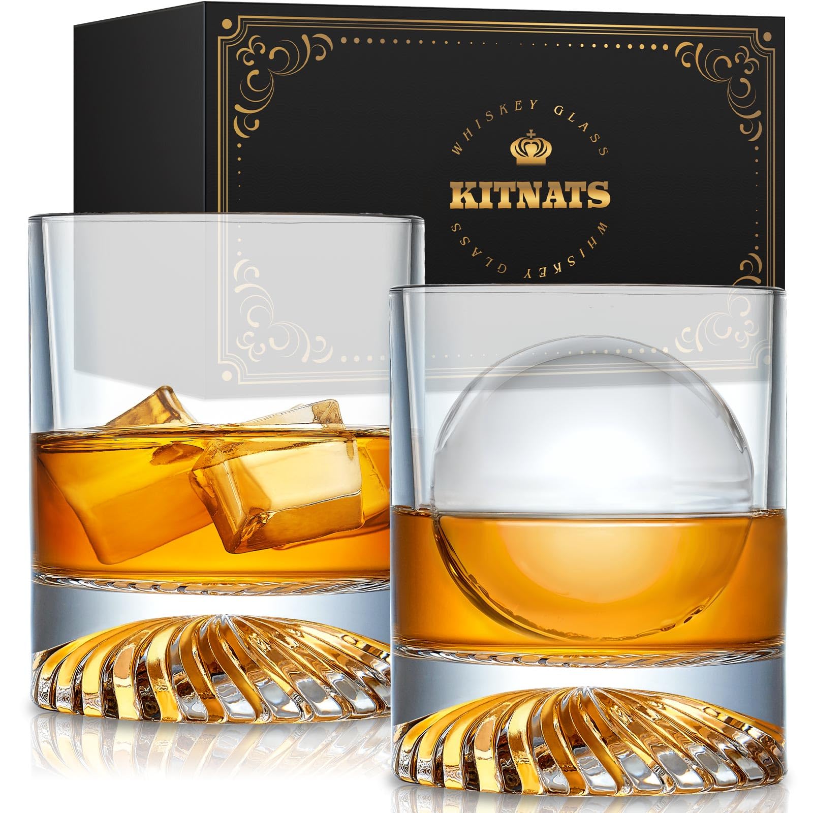 KITNATS Hand Blown Crystal Old Fashioned Whiskey Glasses Rocks Glasses Drinking Cocktail Bourbon Scotch Rum Vodka Liquor 12 OZ - set of 2 Gifts for Men