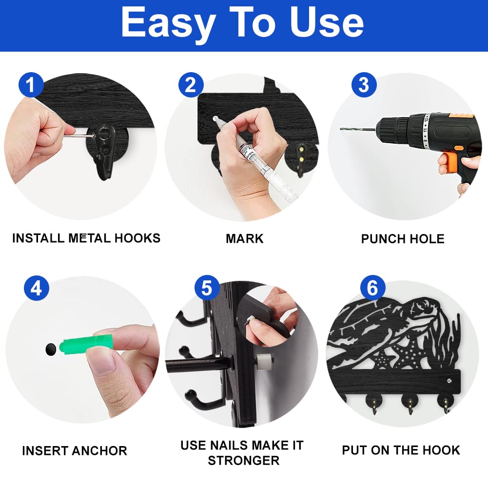 INFUNLY Ocean Theme Key Holder with 5 Key Hooks Black Wall Mounted Key Hangers Turtle Key Hangers Wood Key Rack for Home Decor Hallway, Entryway, Bedroom, Mudroom, Office 11.8inchx7.6inch