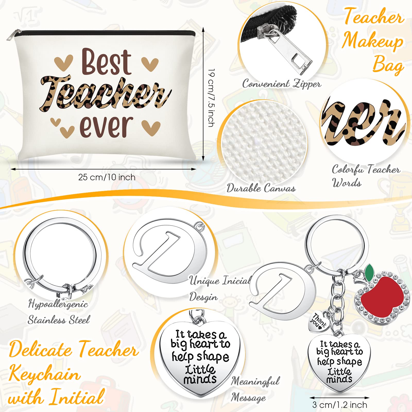 Gerrii 3 Pcs Teacher Appreciation Gifts in Bulk for Women Stocking Stuffers Gifts Tumbler Keychain Makeup Bag Set(A)