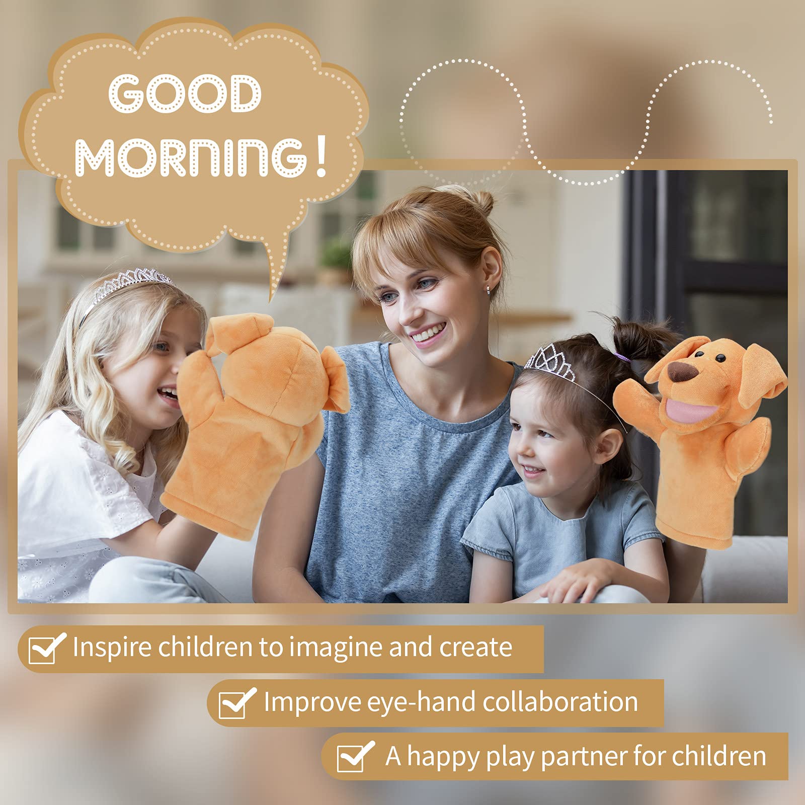 Zomiboo Hand Puppets Soft Animal Hand Plush Toy with Movable Mouth Imaginative Pretend Play Stocking Storytelling Interactive Toy (Dog)
