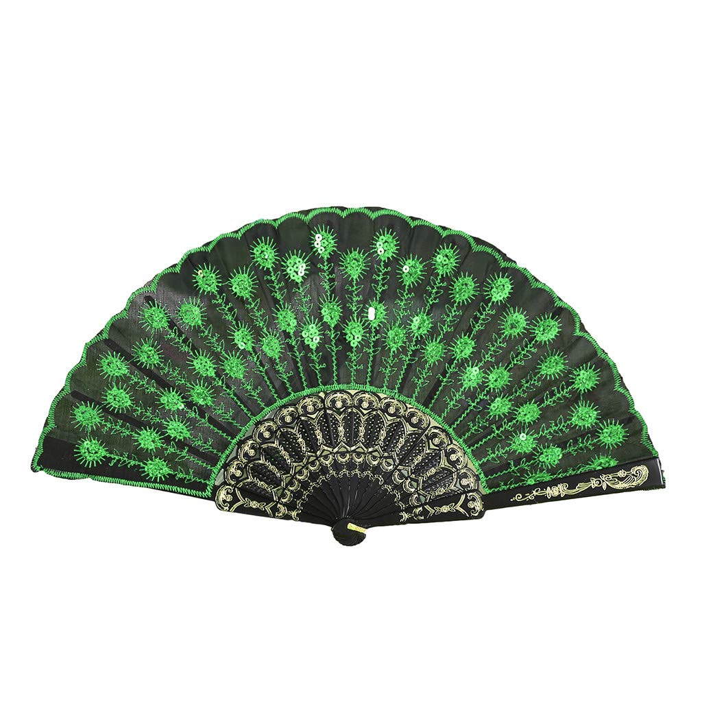 Folding Flower Hand Chinese Dance Wedding Silk Fan Style Lace Party Held Fans 6 Clip Fan Oscillating (Green-`, One Size)
