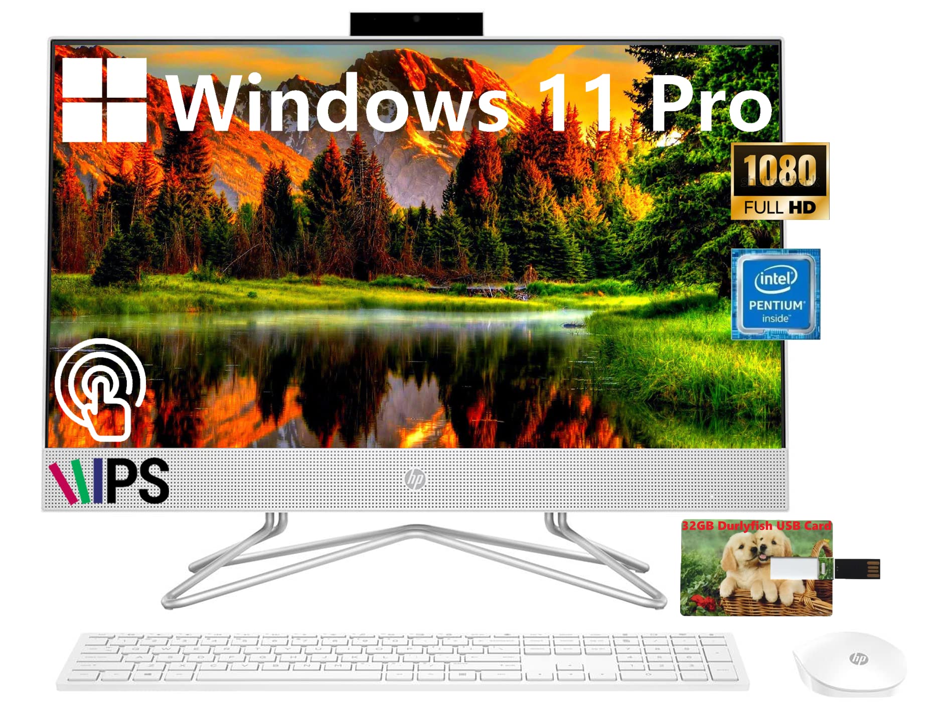 HP [Windows 11 pro] All-in-One Business Desktop, 23.8" FHD IPS Touchscreen, Intel Pentium Silver J5040 Processor, 12GB RAM, 512GB SSD, HDMI, RJ-45, Keyboard & Mouse, White, Durlyfish