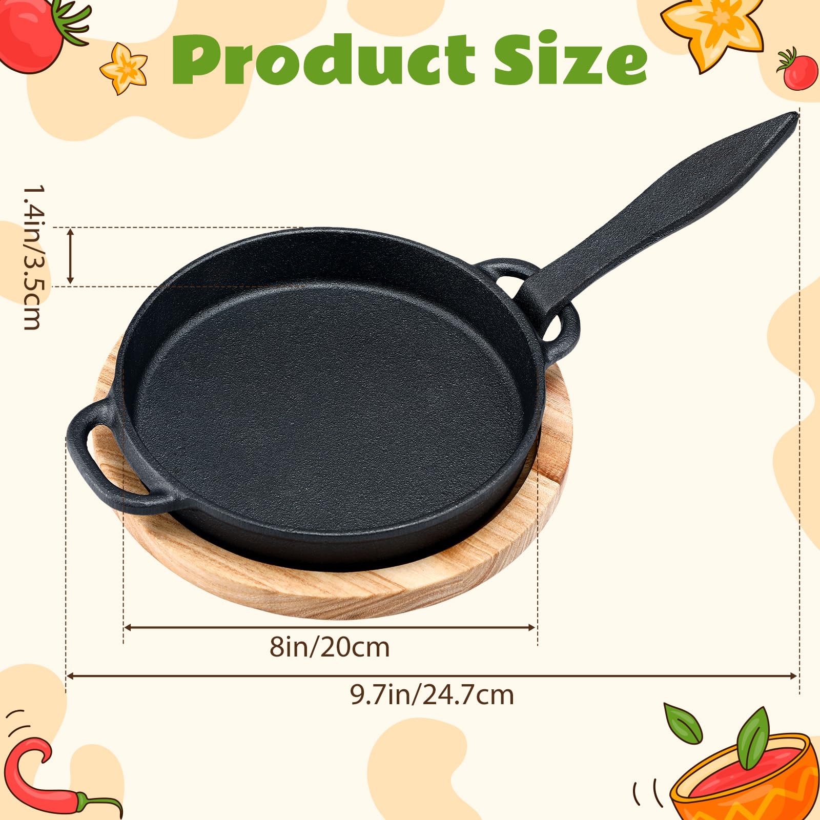 Jingmore 2 Pcs Cast Iron Fajita Skillet Pan 8 Inches Round Plate Sizzling Pan with Removable Handle and Trivet Cast Iron Frying Pan Nonstick Oven Safe Cookware, Pizza Oven and BBQ Accessories Black