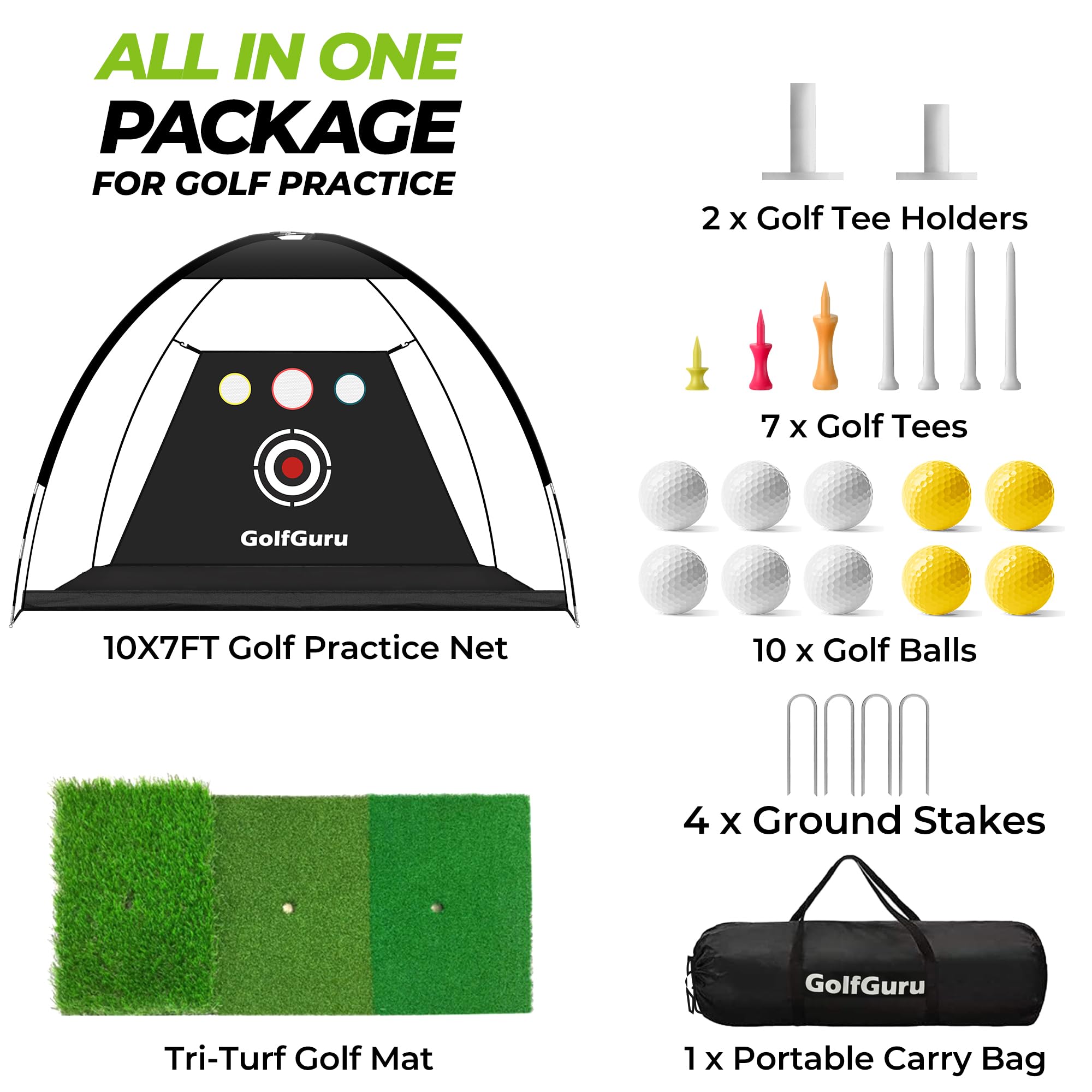 Golfguru Golf Net, 10x7ft All in 1 Golf Practice Net with XL Tri-Turf Golf Mat, Impact Target, 10 Golf Balls, 7 Golf Tees, 2 Rubber Golf Tees, Carry Bag, Golf Net for Backyard Driving Chipping Indoor
