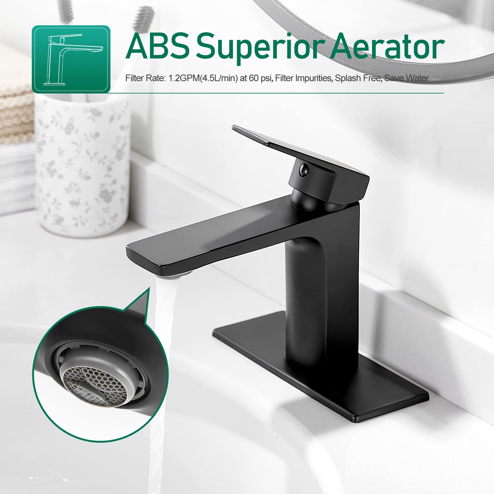 VOTON Black Bathroom Faucet Single Hole Bathroom Sink Faucet Modern Vanity Faucet, One Hole 3 Hole with Deck Plate, RV Camper Lavatory Bathroom Faucet