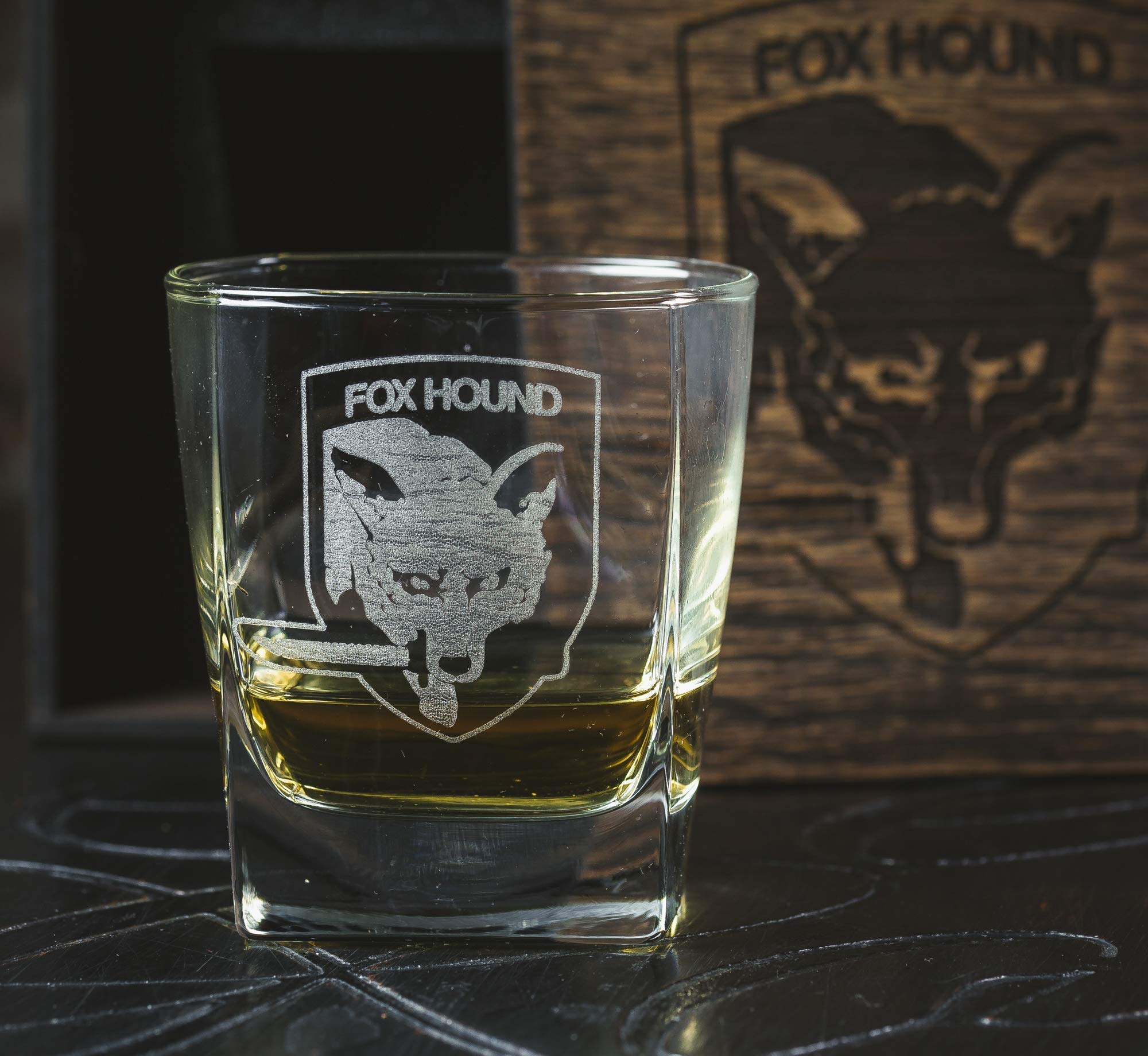 Handcrafted Whiskey Gift Set with Custom Glass, Engraved Wood Box, and Leather Coaster - Stylish Gifts for Game Fan - Unique Present for Him (Fox Hound)