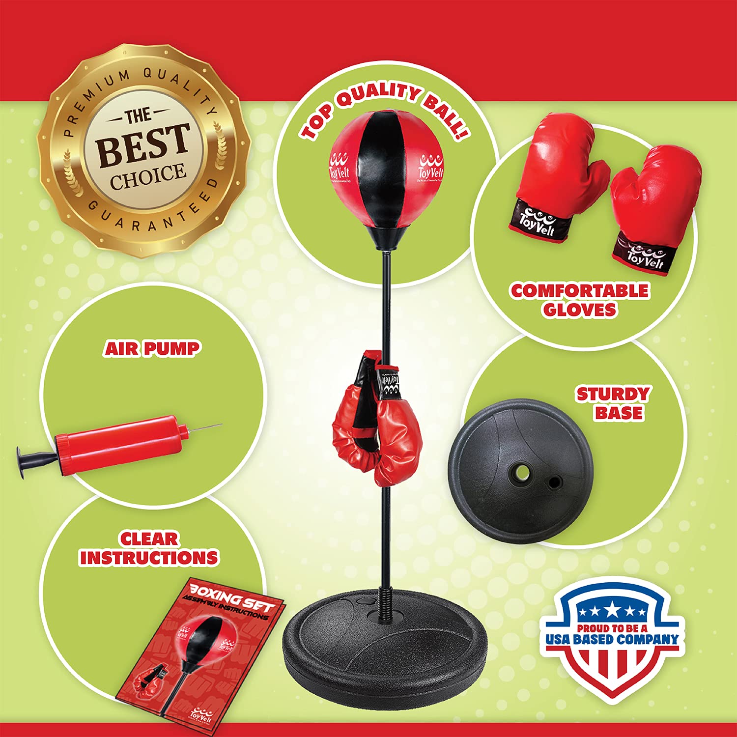 ToyVelt Punching Bag for Kids Boxing Set Includes Kids Boxing Gloves and Punching Bag, Standing Base with Adjustable Stand + Hand Pump - Top Gifting Idea for Boys and Girls Ages 3-8 Years Old