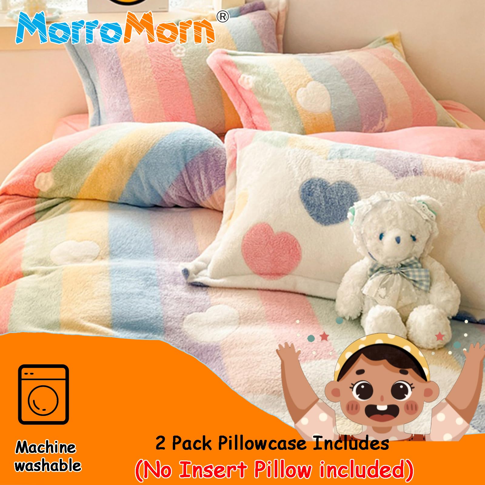 MorroMorn Decorative Pillows Covers Pink Kawaii, 2 Packs Plush Pillow Cases Standard Size, Soft Furry Throw Pillowcase Cushion Shams with Zipper Closure Girls Room Decor (Rainbow Love, Standard)