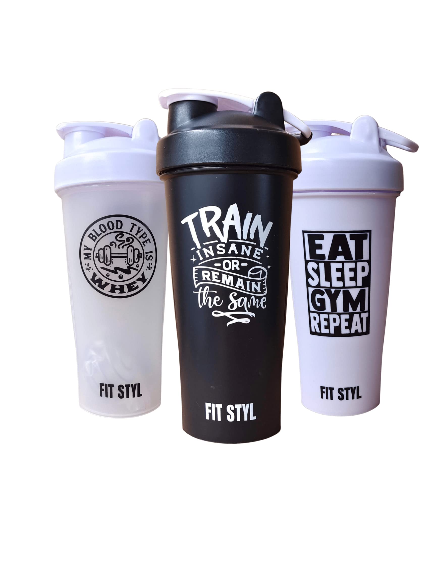 Generic FIT STYL Protein Shaker cup Set [3 PACK] 28 oz blender bottle, gift gym, new years resolution, Black, White, and Opaque