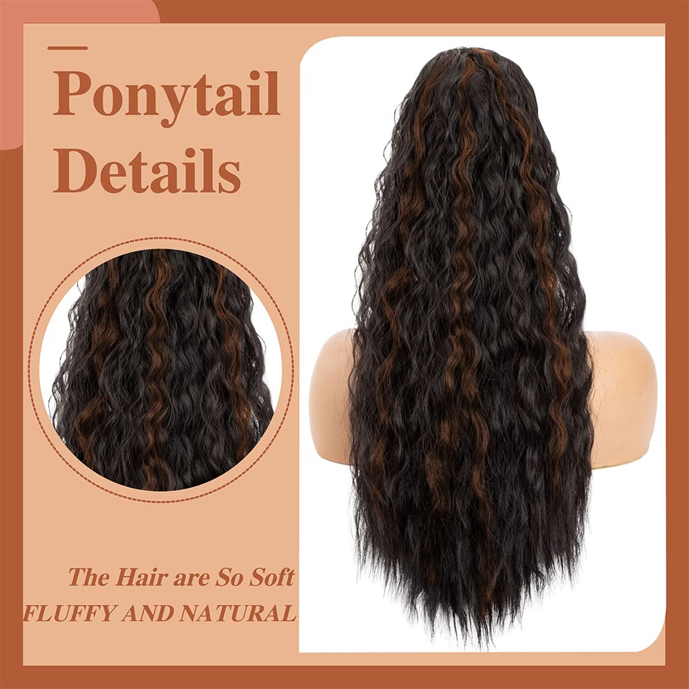 MOTEFOUS Long Wavy Drawstring Ponytail Extension Synthetic Natural Black Curly Wavy Ponytail Hairpieces for Women 24 INCH Wavy Drawstring Ponytail for Black Women (1B)