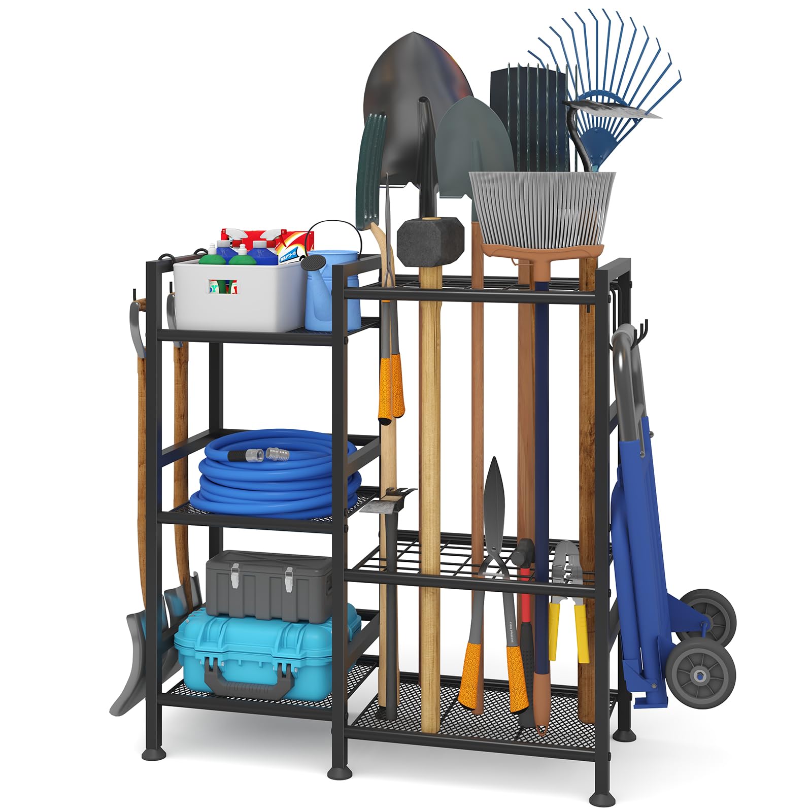 keomaisyto garden Tool Organizer for Garage Organization, 3 Tier Yard Tool Storage Rack with 35 Long-Handled Tool Slots, Heavy Duty Garden Tool Holder with Large Hooks for Shed, Yard, Garage