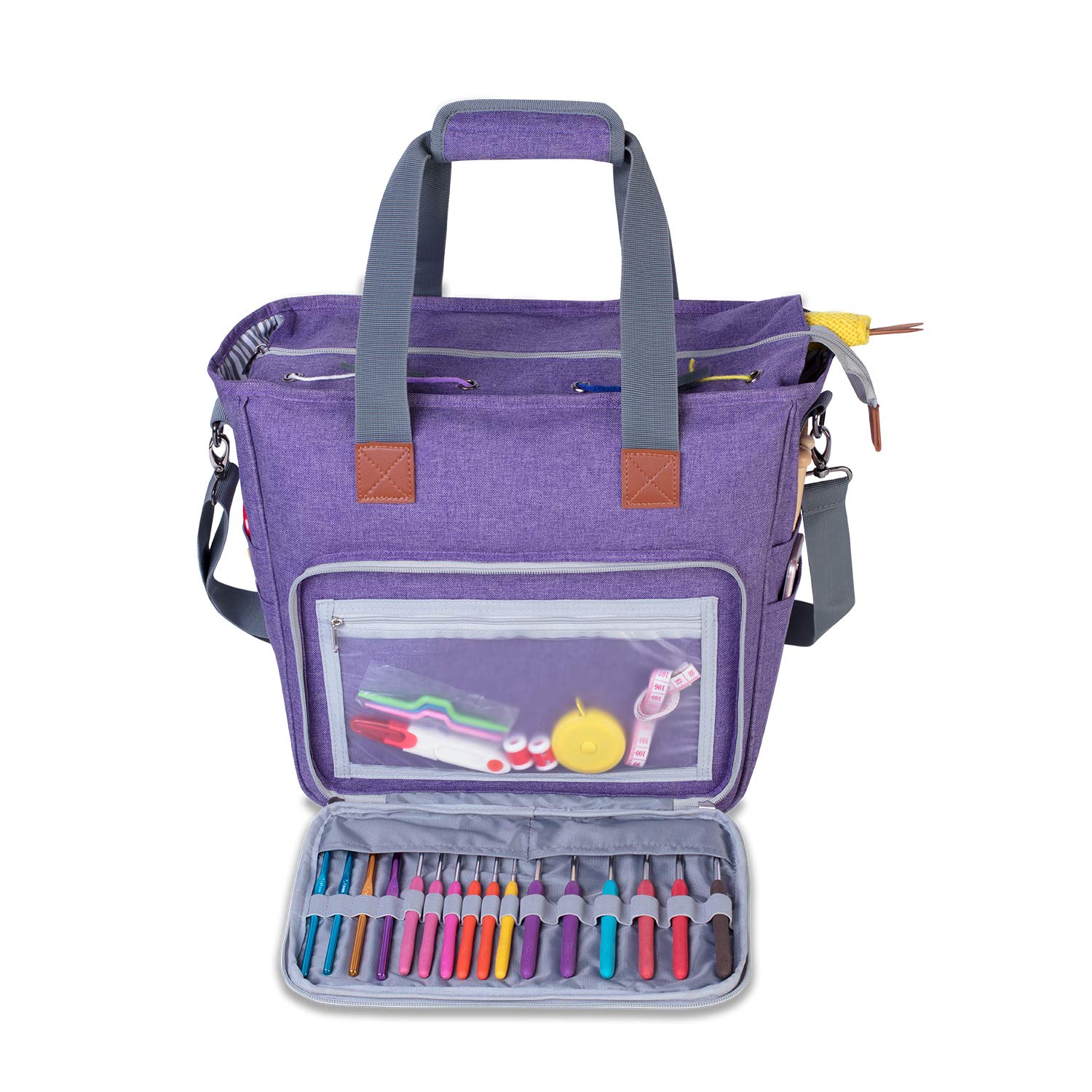LUXJA Knitting Bag with Shoulder Straps, Yarn Bag for Carrying Projects, Knitting Needles, Crochet Hooks and Other Accessories, Purple