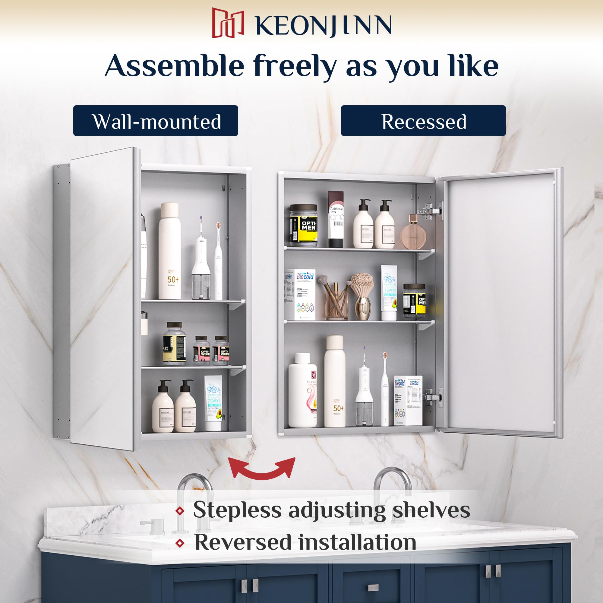 Keonjinn 24 x 32 Inch in Wall Medicine Cabinets for Bathroom with Mirror, Stepless Adjustable Shelves Mirrored Wall Cabinet, Surface Mount or Recessed Medicine Cabinet Silver Frame, Assembly Required