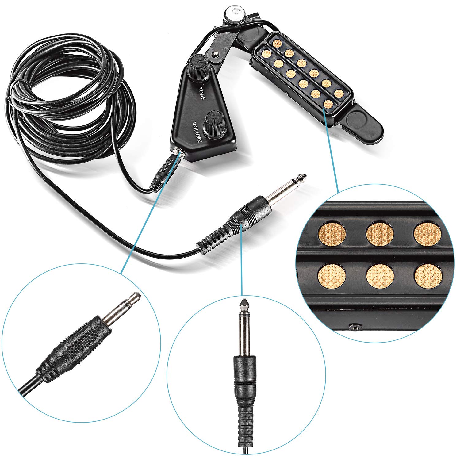 TraderPlus 12 SoundHole Guitar Pickup Acoustic Electric Transducer for Acoustic Guitar Magnetic Preamplifier with Tone and Volume Control, Cable Length 10 ft