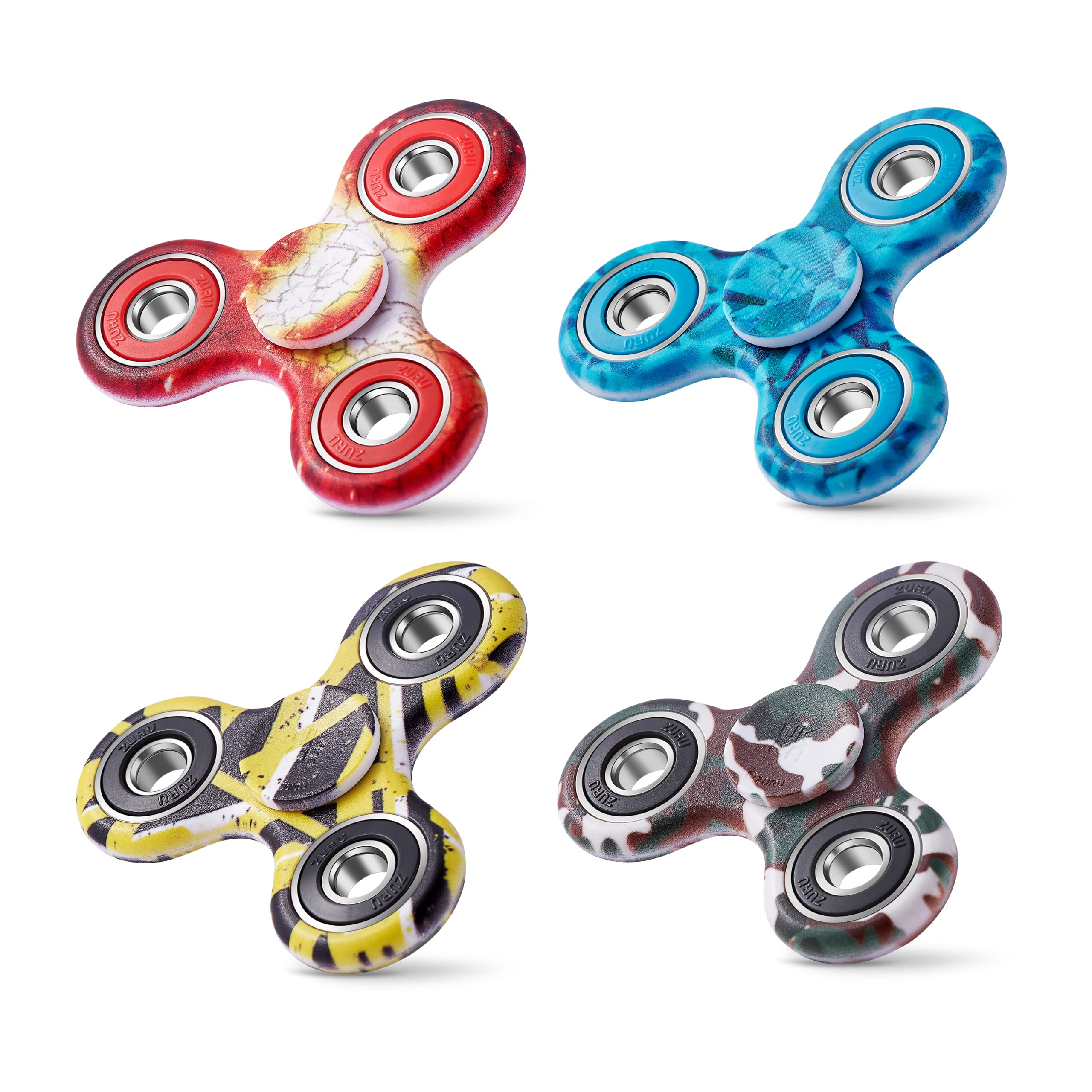 ZURU 4 Design Standard Fidget Spinner (4 Pack) Stainless Steel Hand Spinners for ADHD Anxiety Stress Relief Compact Toy Party Favor Basket Stuffer for Adults and Kids (Amazon Exclusive)