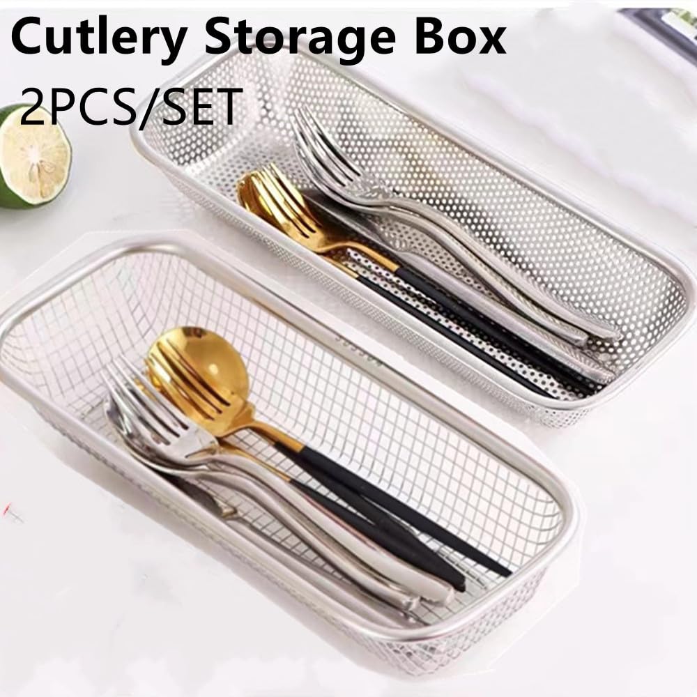 Dlmlemu Kitchen Drawer Organizer, 12 Inch Dishwasher Silverware Cutlery Basket, 2 Pack Mesh Stainless Steel Flatware Drawer Organizer, Countertop Utensil Cutlery Tray, Spoon Knife Fork Organizers Box