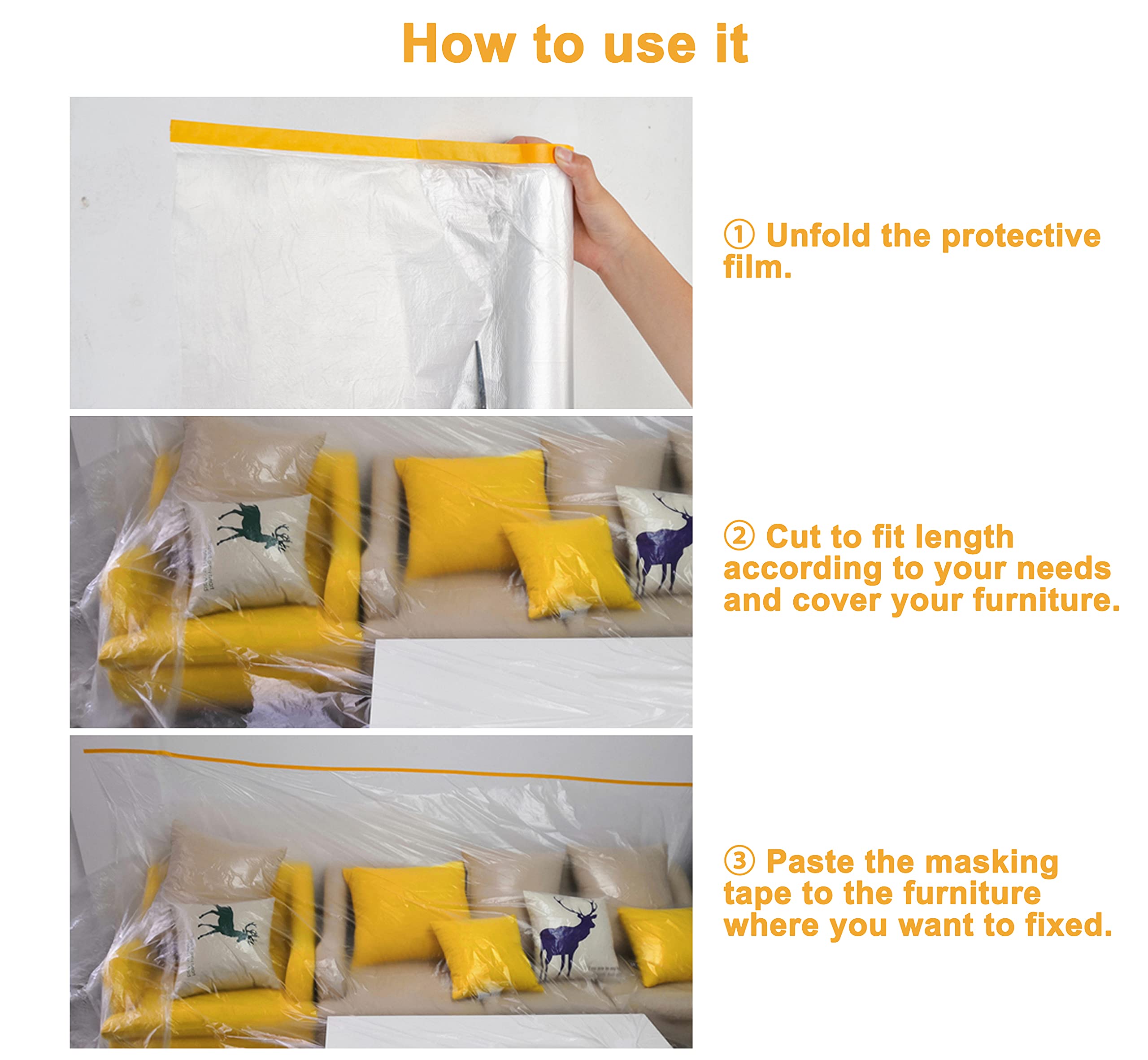 Muf 9 x 65 Feet Plastic Drop Cloth Plastic Sheeting with Masking Tape,Waterproof Protective Masking Film,Prevent Dust Paint for Car,Furniture,Carpet,Floor,1 Pack
