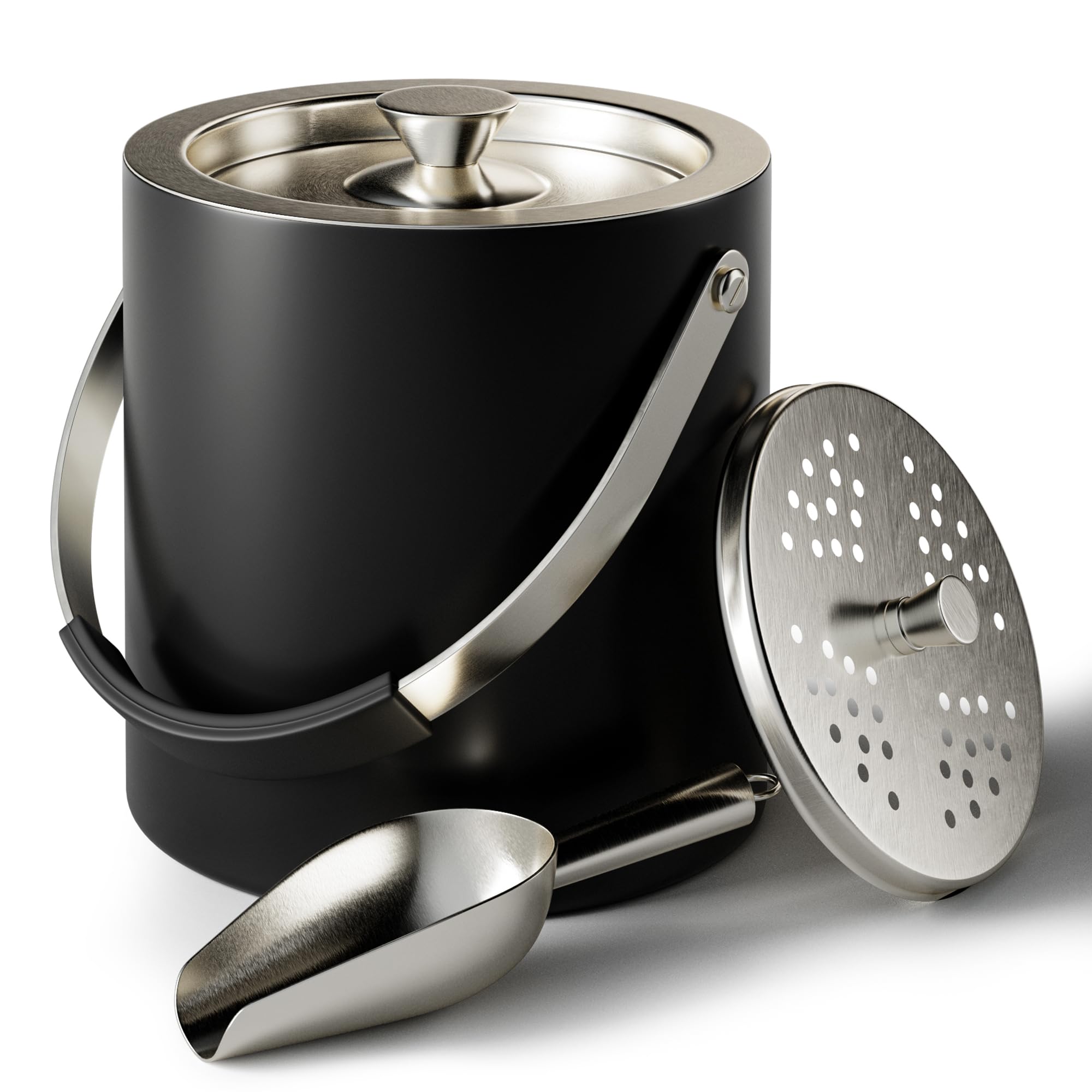 Insulated Ice Bucket with Lid, Strainer, Scoop & Handle - 3L Stainless Steel Double Wall Ice Bucket - Black Ice Bucket for Cocktail Bar - Ice Bucket with Scoop - Large Ice Buckets for Parties with Lid