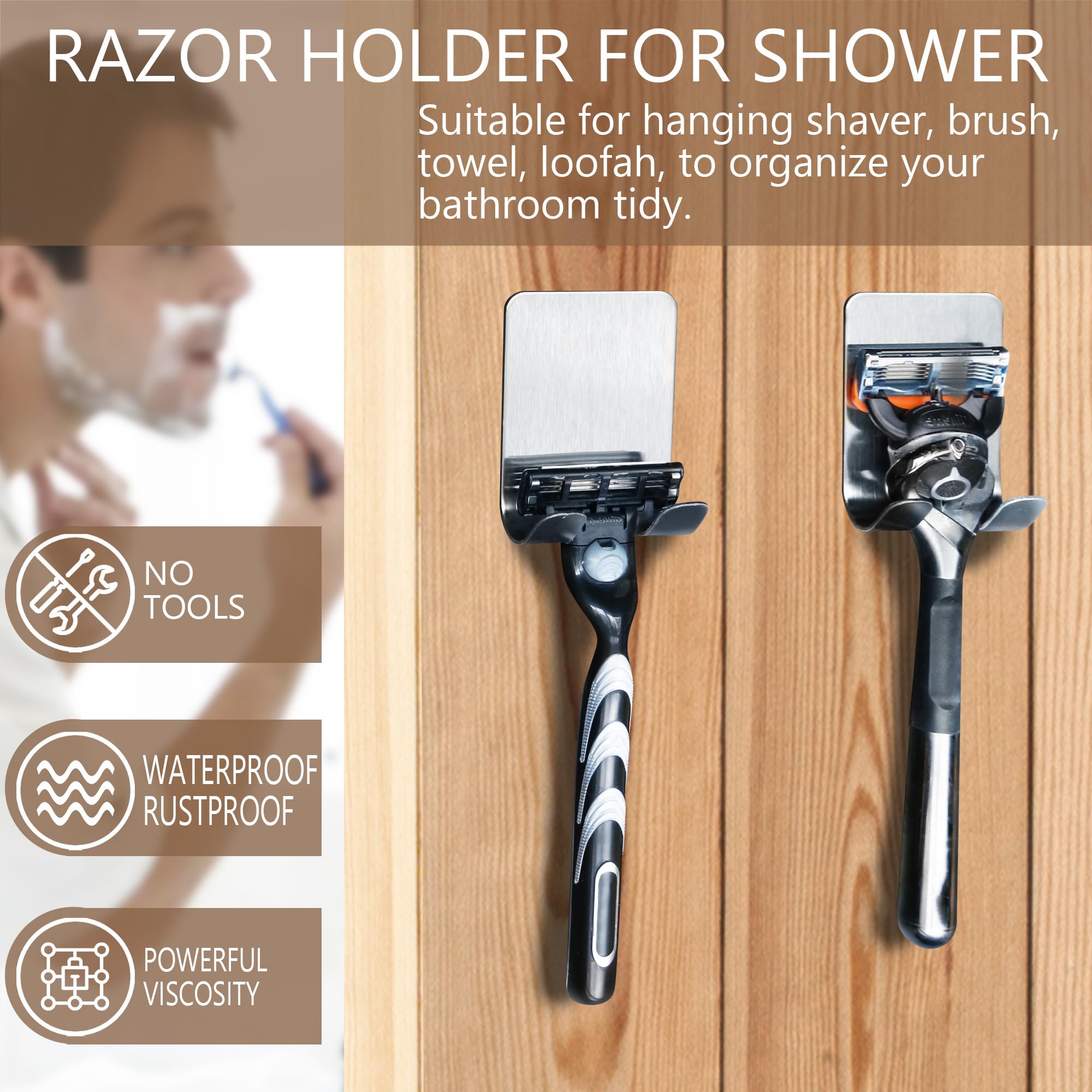 klasit Razor Holder for Shower,Silvery Stainless Steel Razor Holder, Waterproof Self-Adhesive Shaver Holder,Simple Installation,Hanger Hooks for Bathroom or Kitchen Organisation