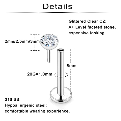 Ftovosyo 18G Threadless Push in Nose Rings Studs Surgical Steel Pushin Nose Stud 2mm 2.5mm 3mm Round Crystal Nose Piercing Jewelry for Women Men