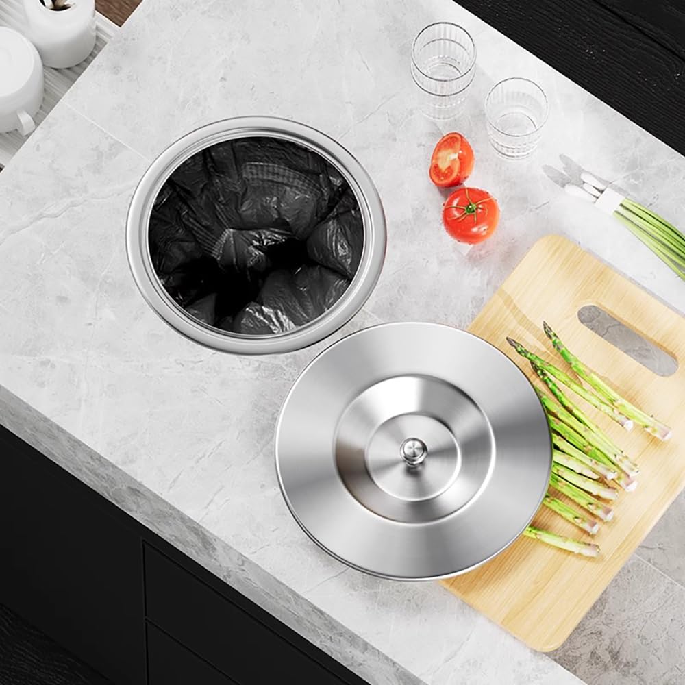 LEASYLIFE 8L/2.1GAL Kitchen Cabinet Countertop Built-in Stainless Steel Trash Can,Built-in Countertop Trash Can, Countertop Lid, Embedded Trash Bin Trash Chute with Lid (8L-Set(Silver)
