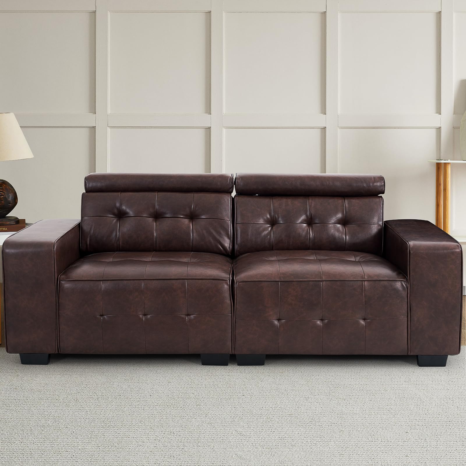 KeyEnergy 82" Faux Leather Sofa Couch, Adjustable Headrests, 25D Memory Foam Cushions,Modern 2 Seat Sofas,loveseat,Three Seater Sofa,Suitable for Living Room, Apartment, Office, Brown Couch