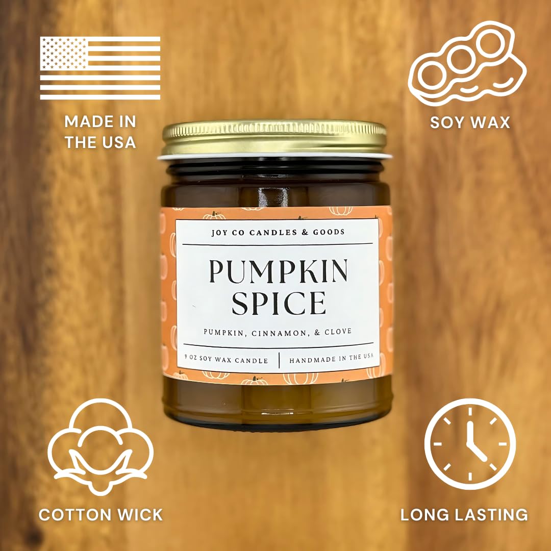 JOY CO Candles & Goods Fall Candle, 9 oz Soy Wax, Pumpkin Spice Scent, 50-Hour Burn Time, Amber Glass Jar