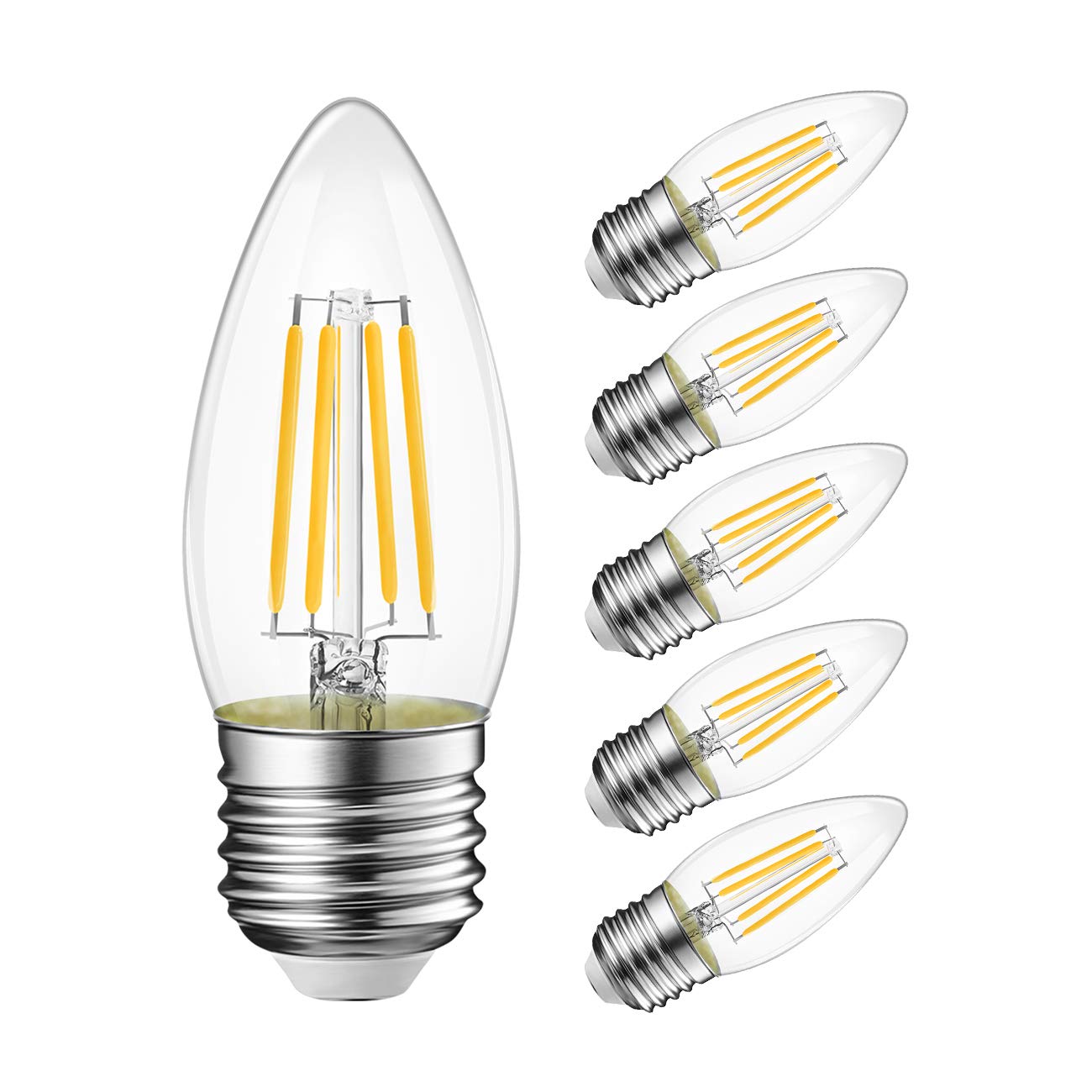 LVWIT B11 LED Filament Bulb E26 Candelabra Medium Base 2700K Warm White, 4W(60W Equivalent) 500 Lumens Non-Dimmable Decorative Candle Light Bulb, Pack of 6