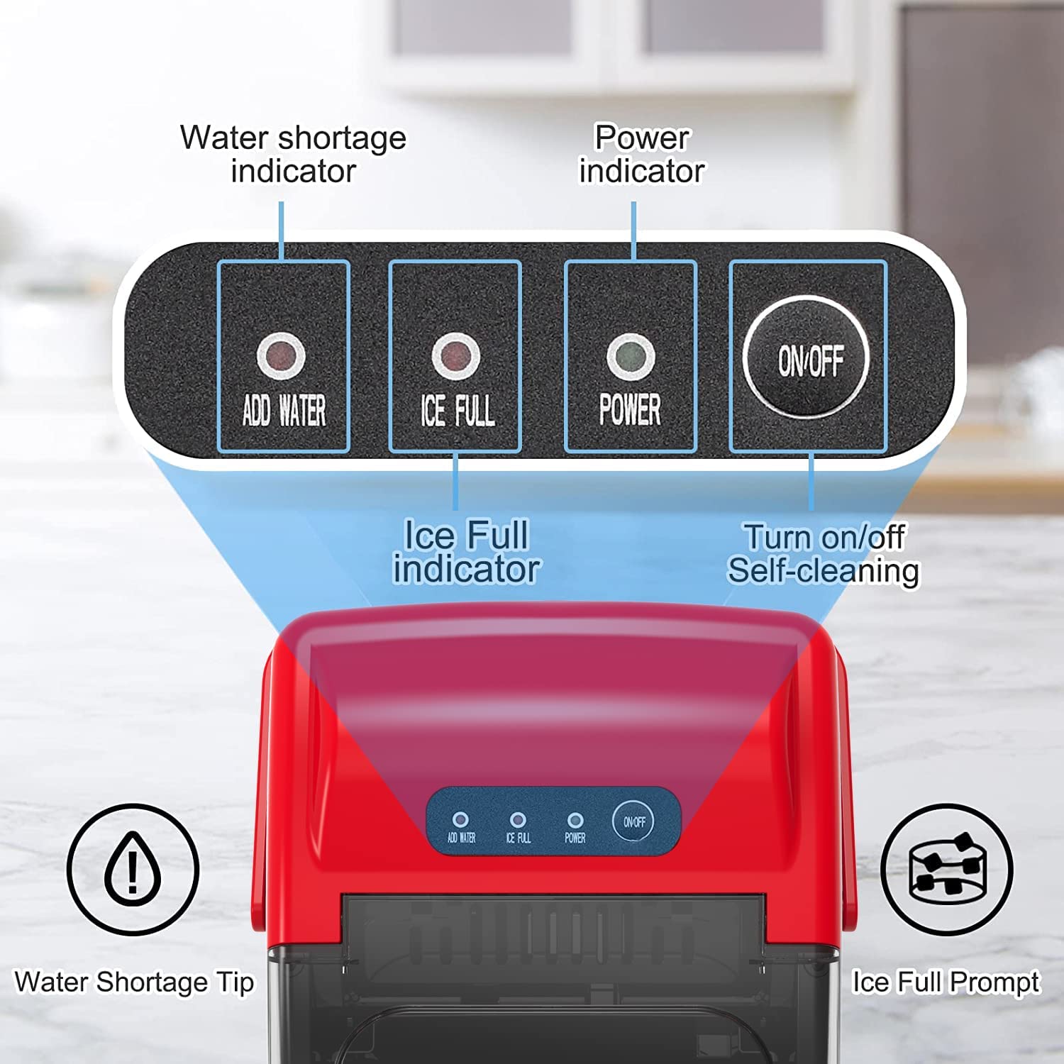 Joy Pebble Ice Maker Countertop with Handle, Self-Cleaning Portable Ice Machine with Basket and Scoop, 9 Cubes in 6 Mins, 26Lbs/24H Handheld Ice Maker for Home/Kitchen/Office/Party (Red)
