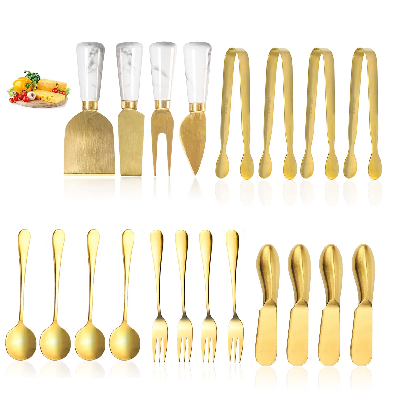 WARMAPE 20 PCs Gold Cheese Spreader Knives Set, Butter Knife Spreaders for Cheese Board Accessories, Mini Cheese Knife Slicer with Serving Tongs Spoons and Fruit Forks Charcuterie Utensils - Gold