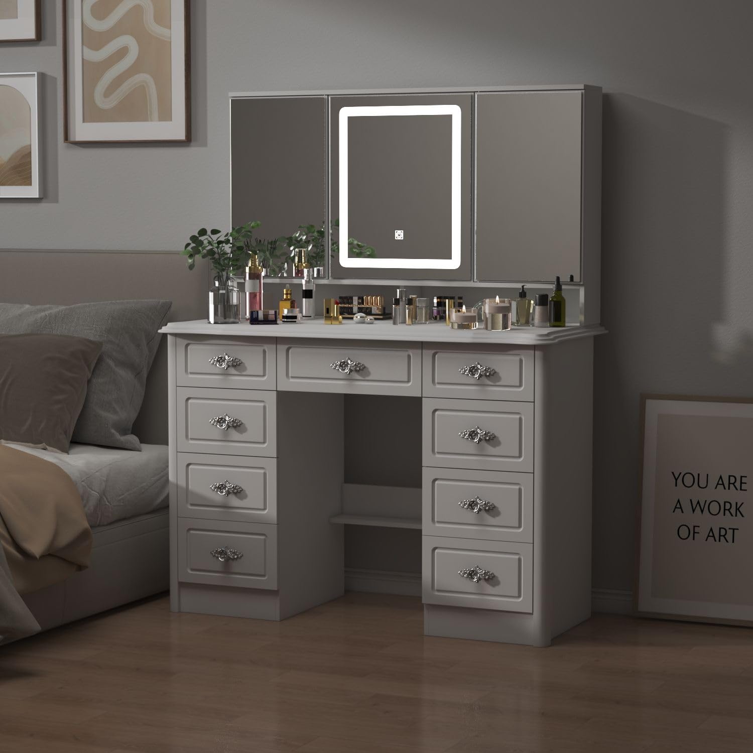 MOUMON Large Vanity Desk with Open Mirror and Lights, Makeup Desk with Drawers and Shelves, Rose-Shaped Crystal Handles, Cushion Stool not Included, White (43.3”W x 18.1”D x 54.1”H)