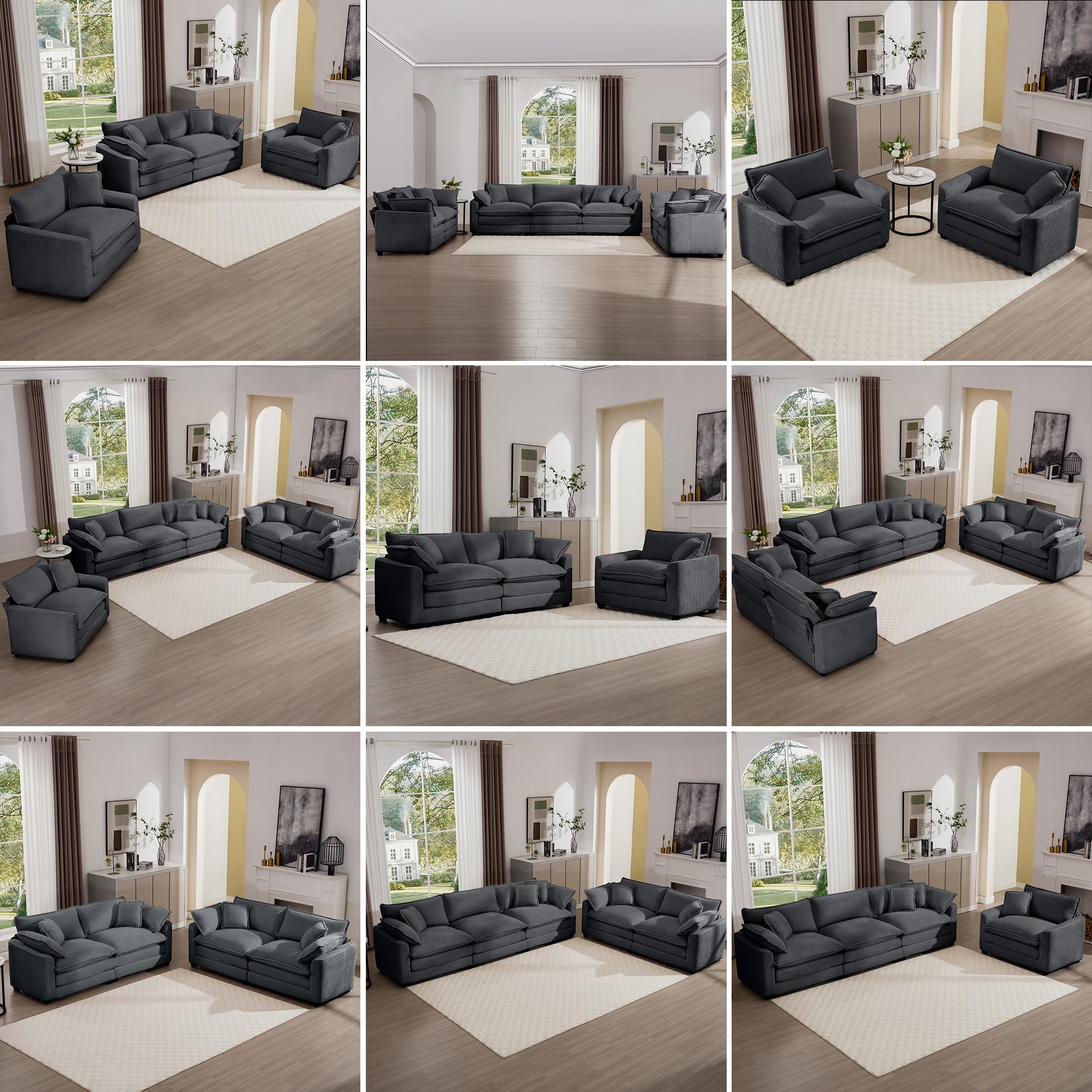 mikibama Luxury 3 Piece Sofa Set, 3-Seater & 2 Single Sofa Set, Modern Corduroy Comfy Cloud Couches Set for Living Room Office with 2 Armrest Pillows and 5 Toss Pillows, Grey