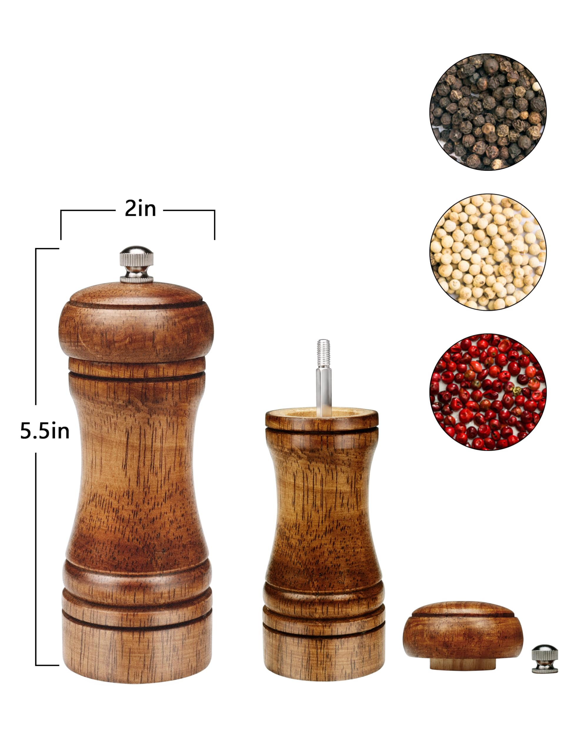 Gulex® Wood Pepper Grinder Pepper Mill, Adjustable Coarseness 5.5 Inches Retro Style Wooden Peppermill, Ceramic Grinding Mechanism Salt Mill Refillable