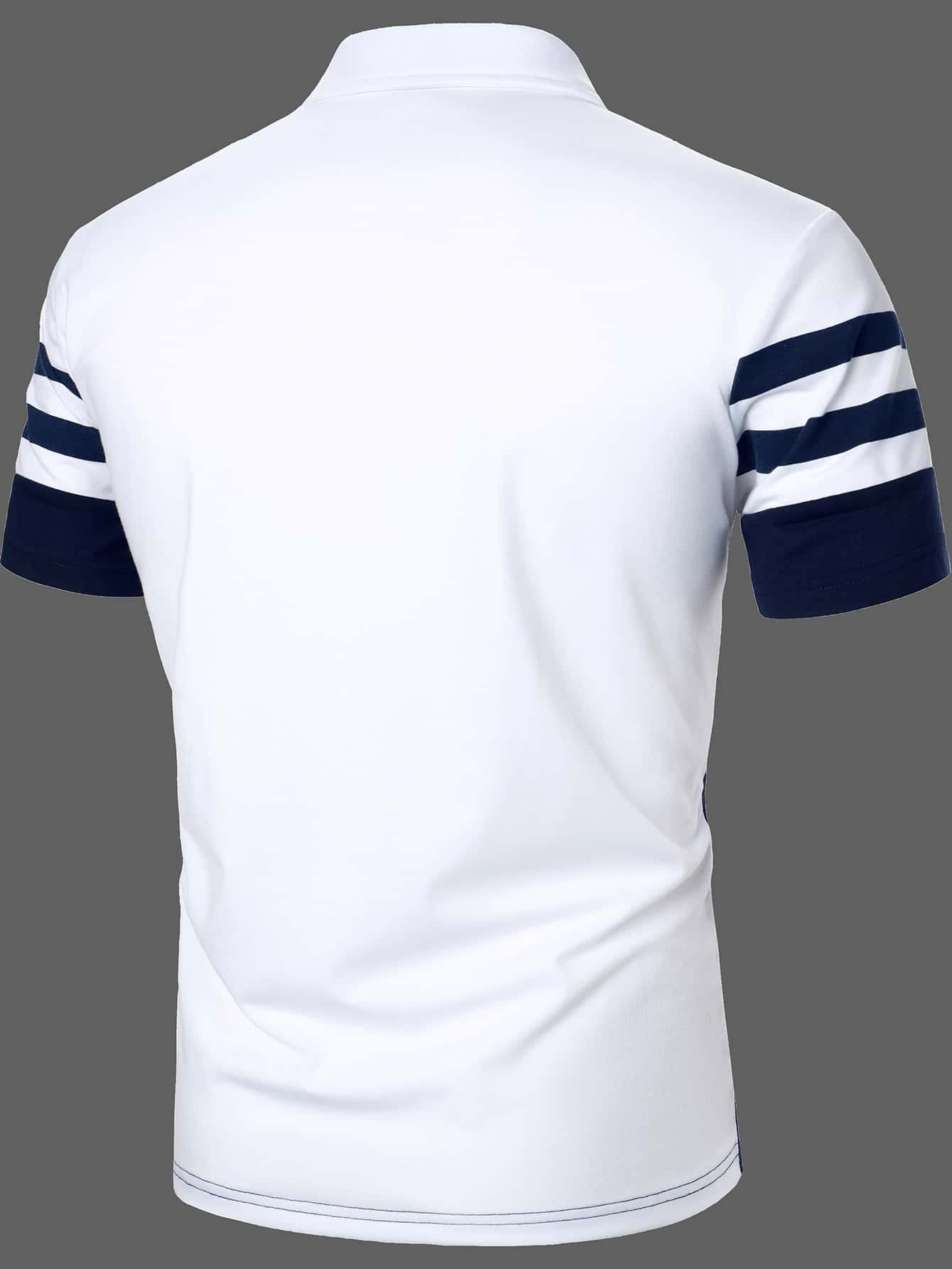 GORGLITTER Men's Color Block Striped Short Sleeve Polo Shirt Blue and White Large
